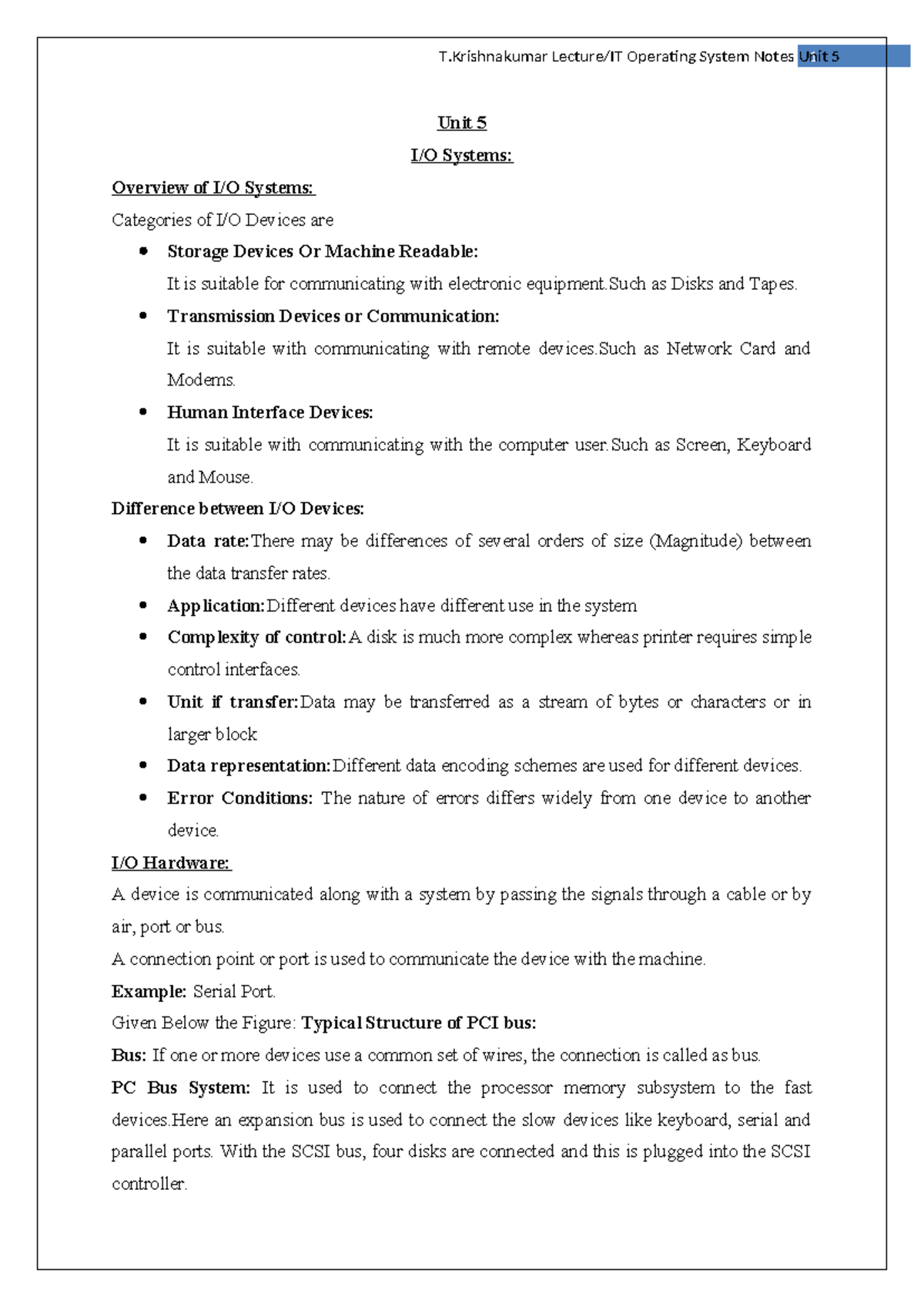 Unit 5 Notes For Operating System Unit 5 Io Systems Overview Of Io Systems Categories Of