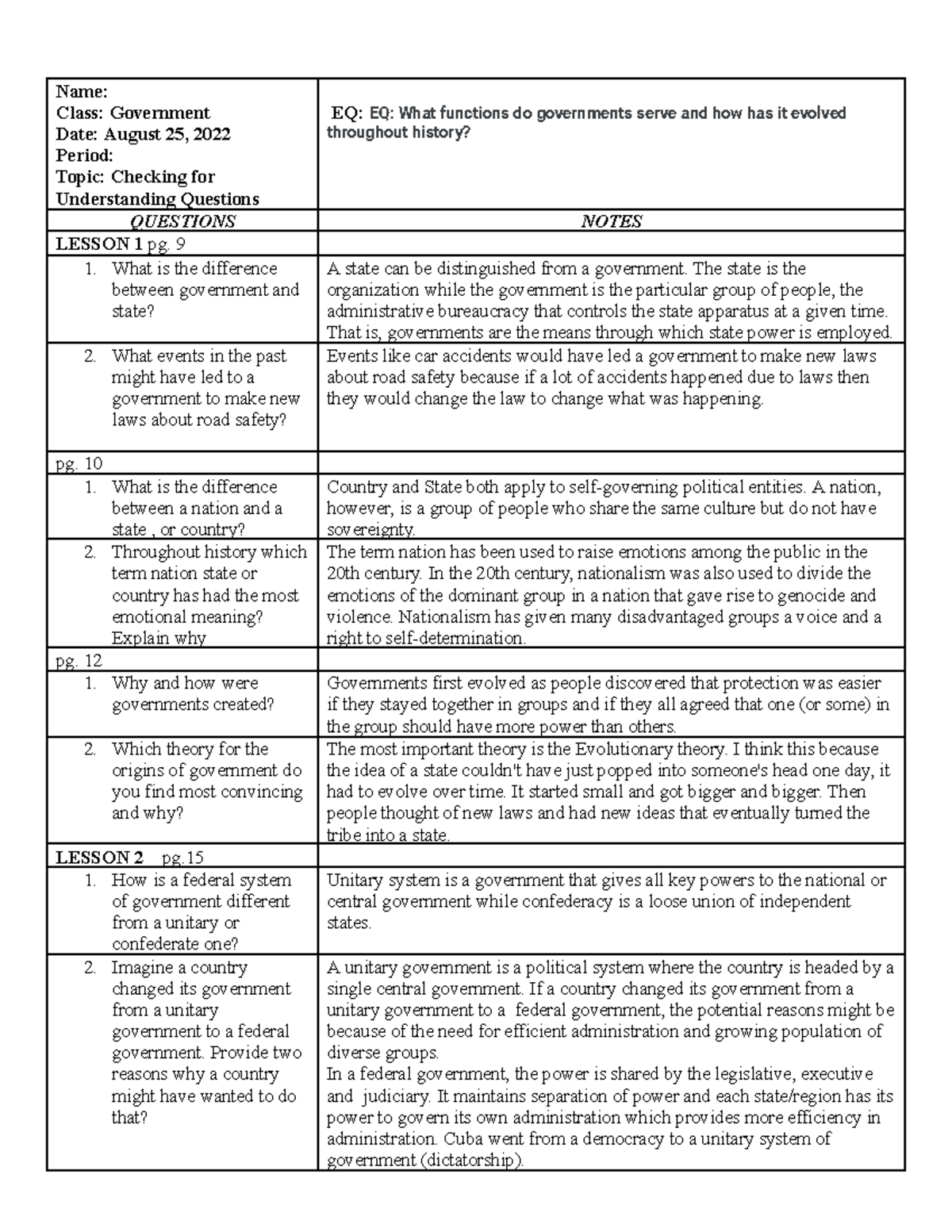 Ch 1 Main Idea Notes Cornell Notes - Name: Class: Government Date ...