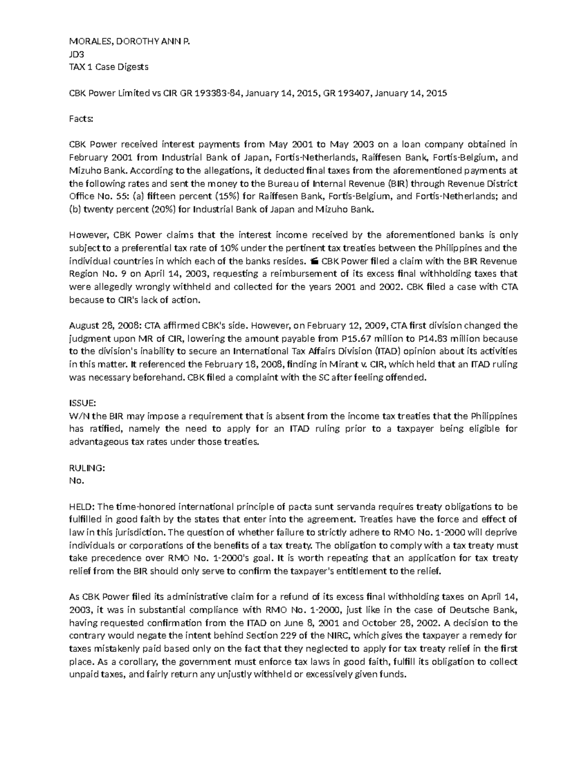 Tax 1 Case Digest - Summary crimpro - JD TAX 1 Case Digests CBK Power Limited vs CIR GR 193383 ...
