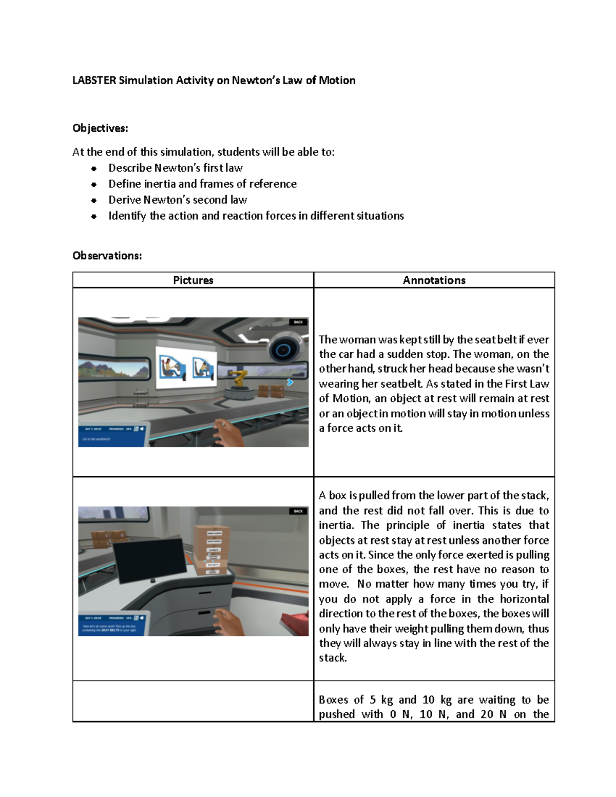 Lab Report 2 - Law Of Motion - Group 3 - LABSTER Simulation Activity on Newton’s Law of Motion ...