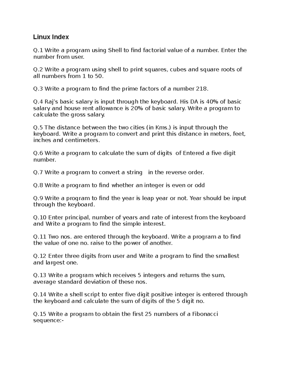 Linux Index (2) - AAAAAA - Linux Index Q Write a program using Shell to ...