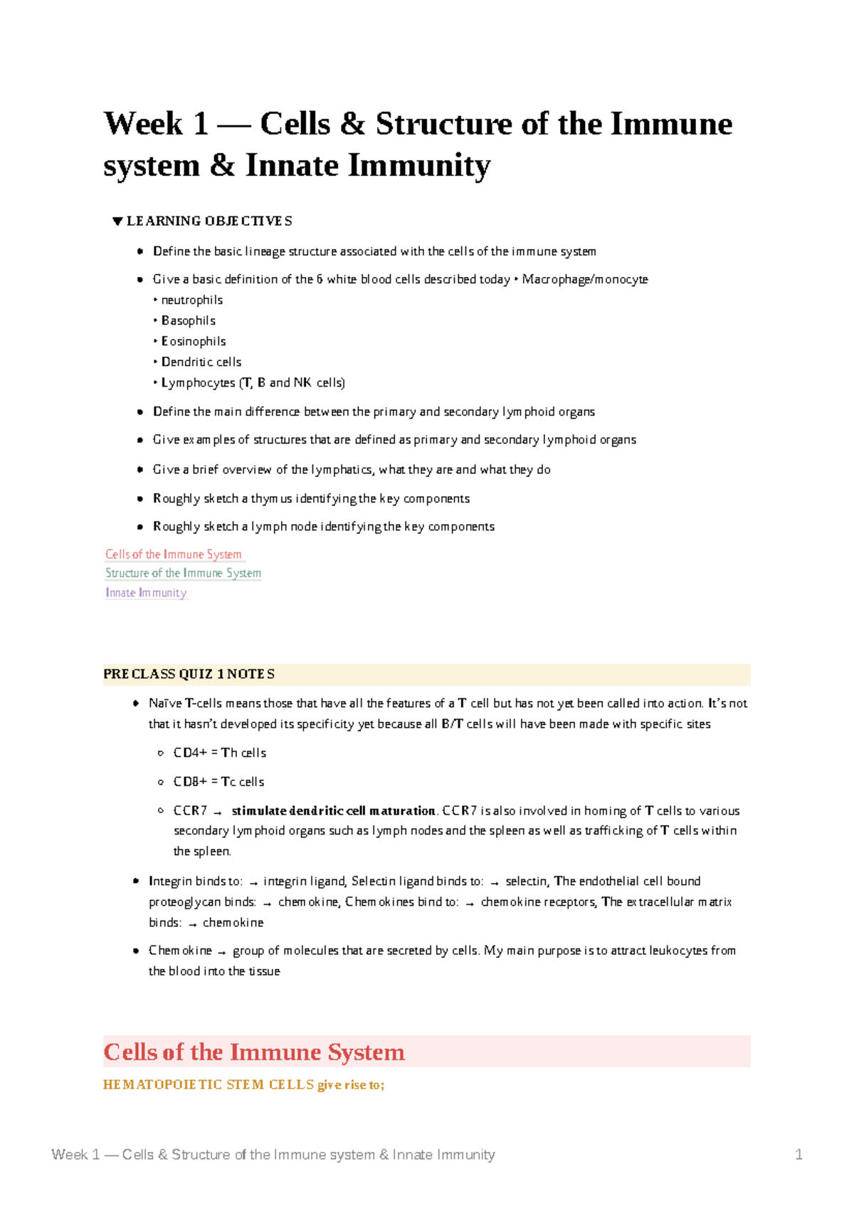 Week 1 Cells Structure of the Immune system Innate Immunity - Week 1 ...