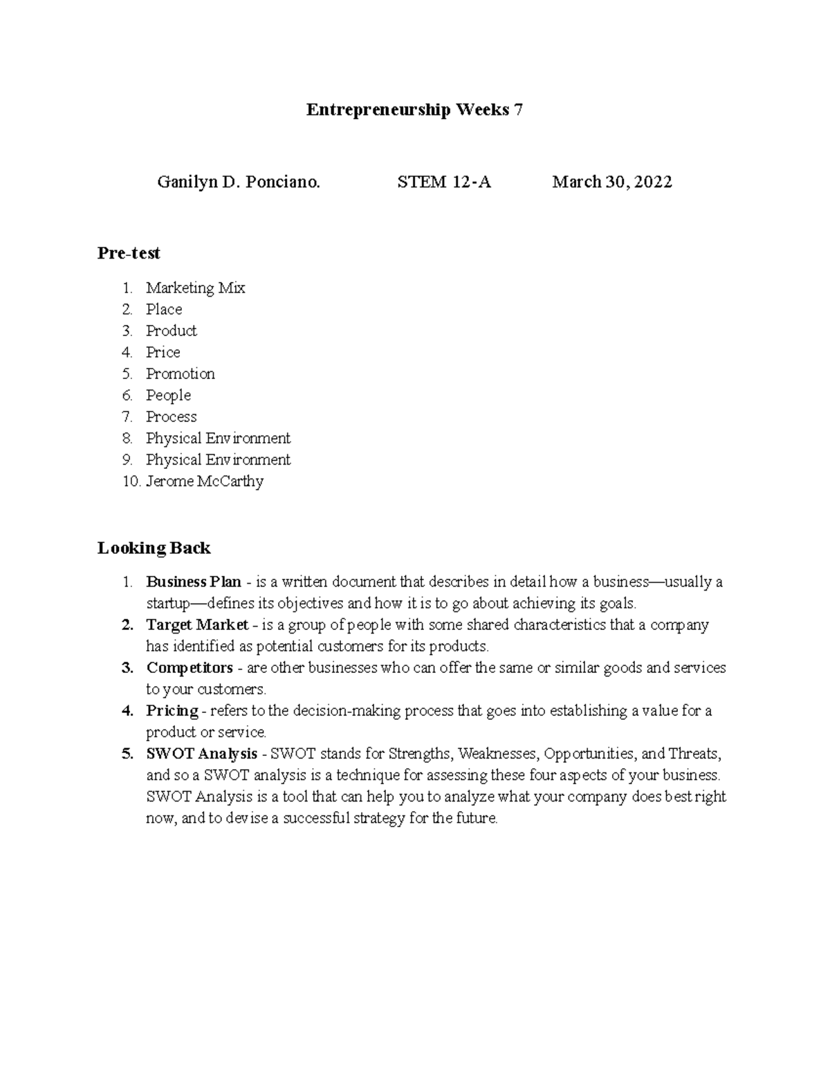 Entrepreneurship Weeks 7 - Ponciano. STEM 12-A March 30, 2022 Pre-test ...