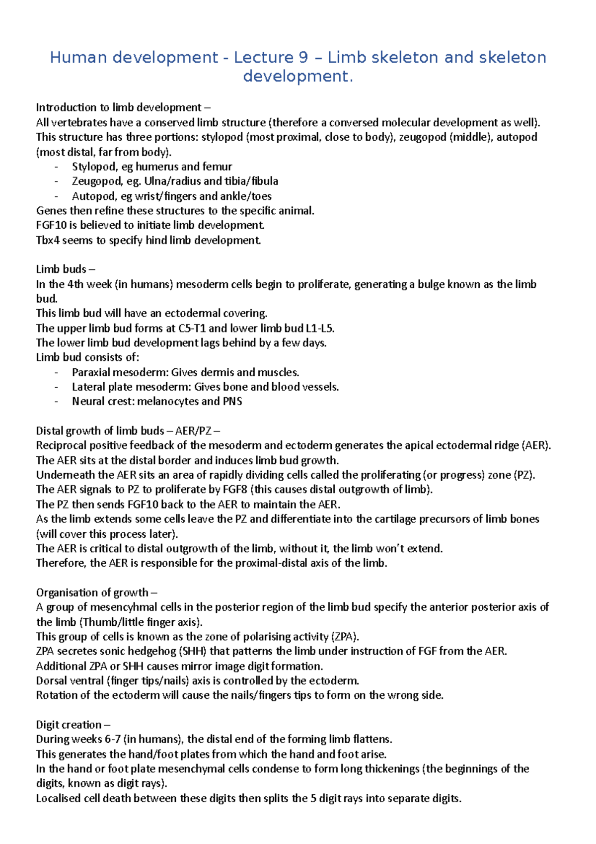 Human Development, Organogenesis and Anatomy Lecture 9 - Human ...