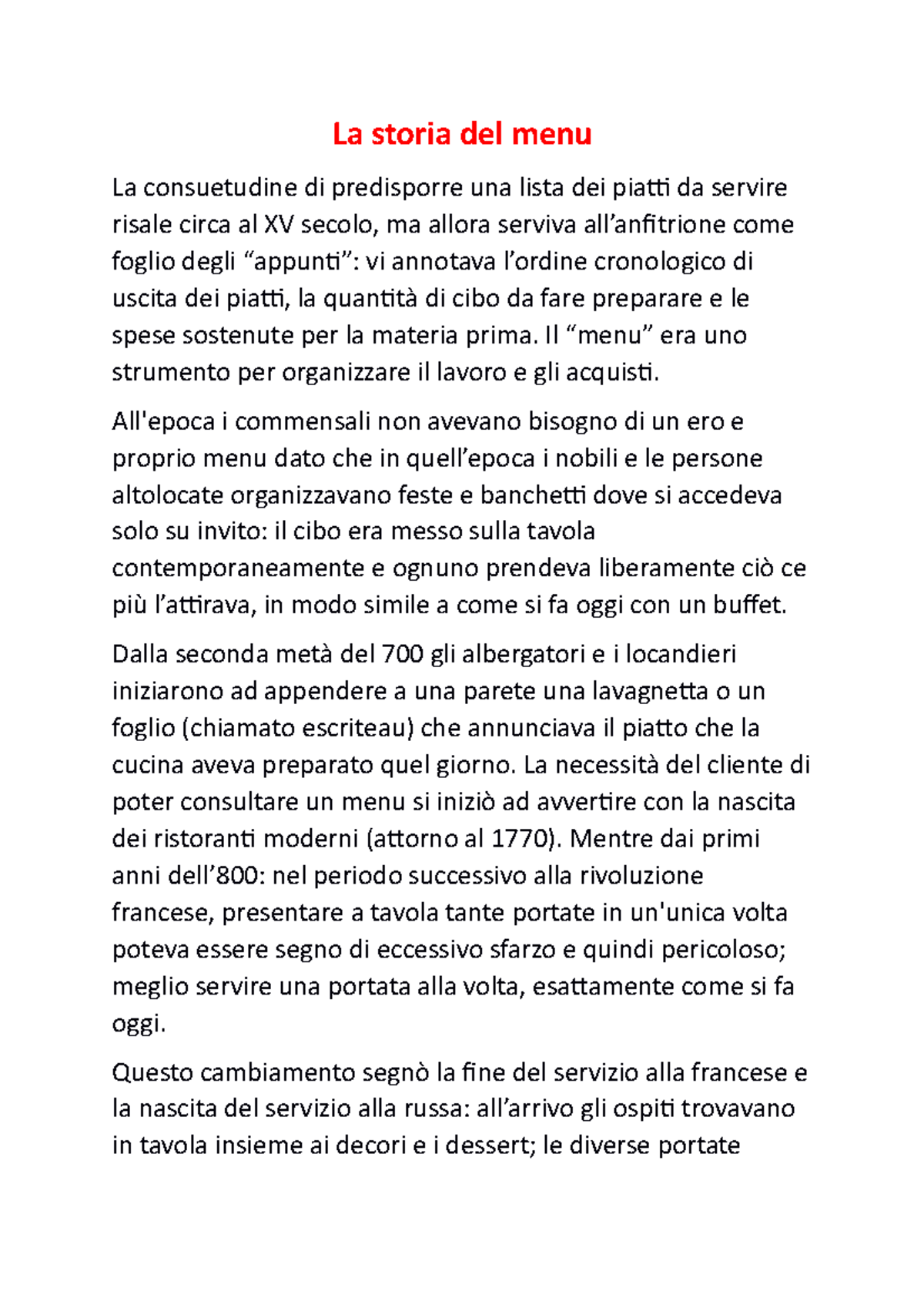 la storia del menu (appunti scolastici) - La storia del menu La ...