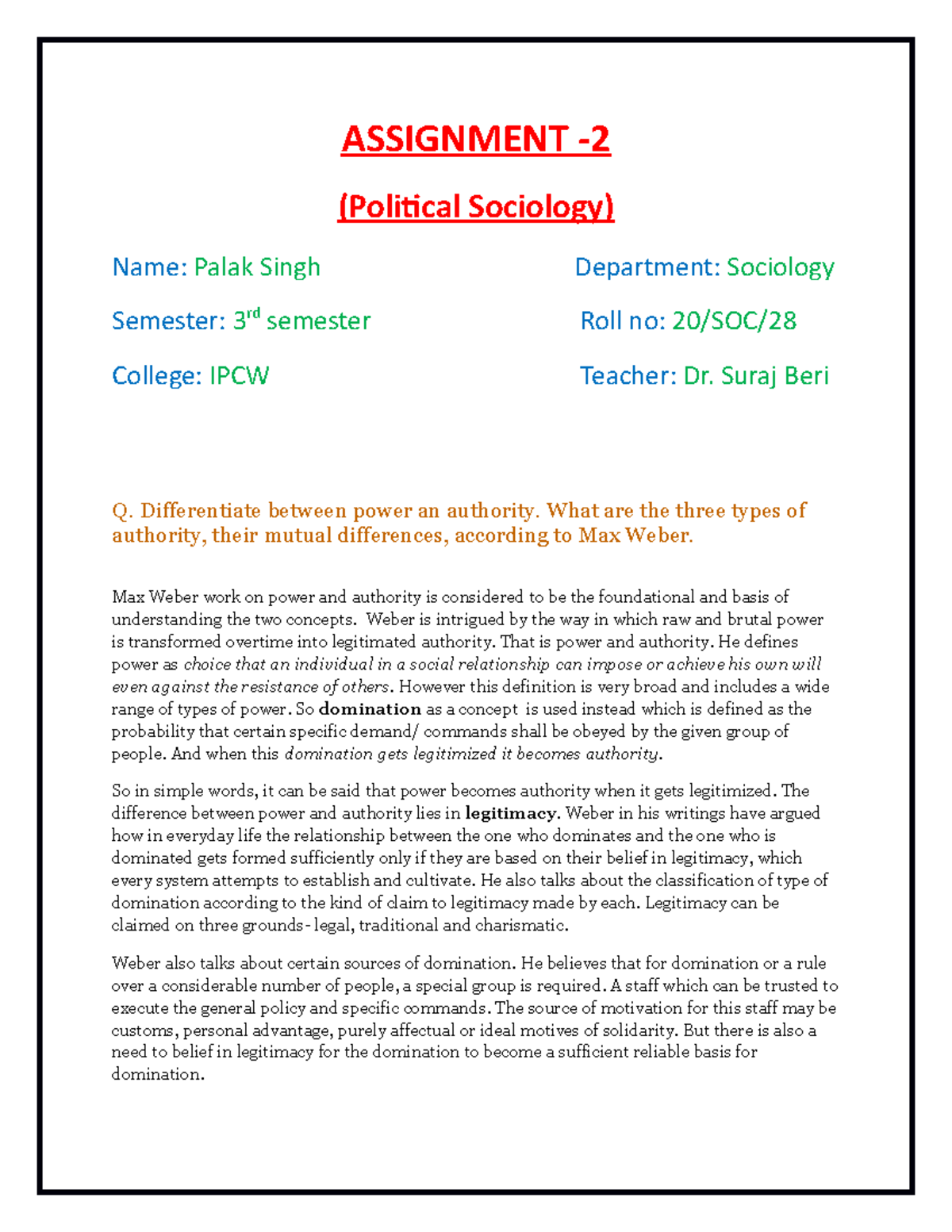 Weber ideas of authority power and types of power - ASSIGNMENT ...