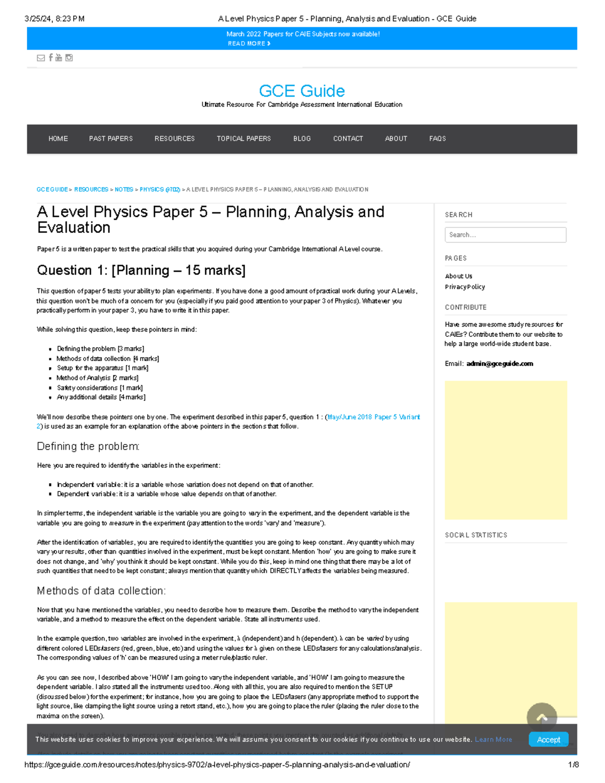 A Level Physics Paper 5 - Planning, Analysis and Evaluation - GCE Guide ...