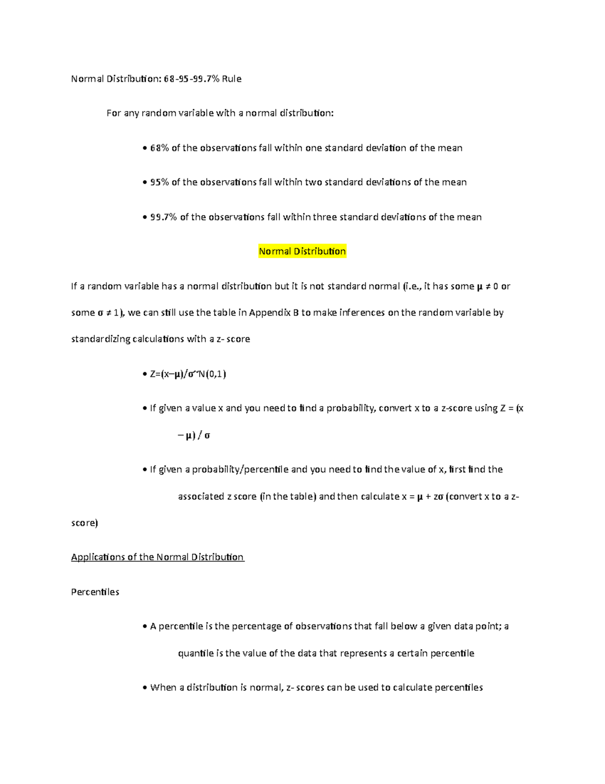 Normal Distribution Notes - Normal Distribuion: 68-95-99% Rule For any ...