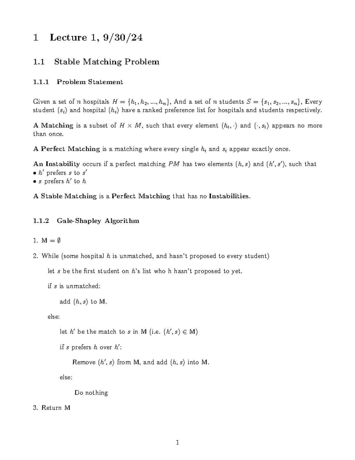 CS 180 Notes - 1 Lecture 1, 9/30/ 1 Stable Matching Problem 1.1 Problem ...