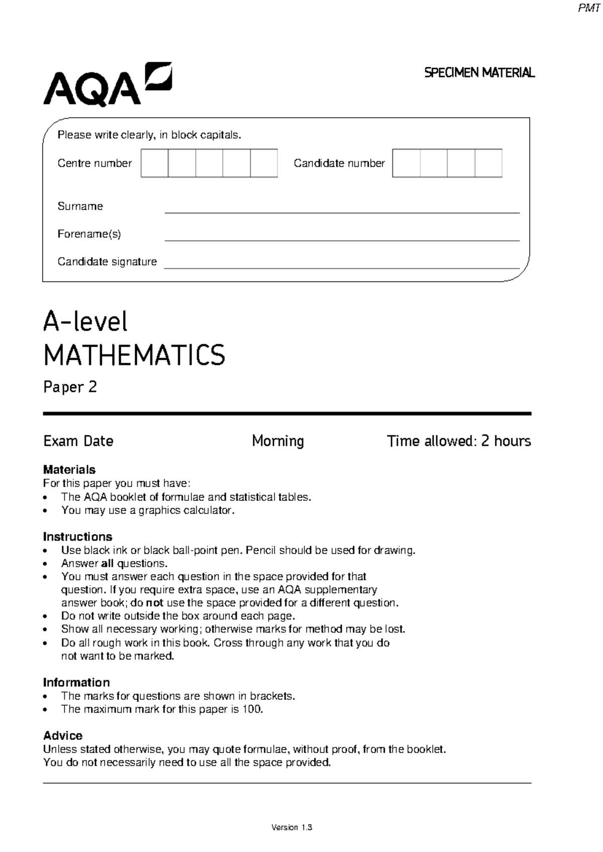 Specimen QP - Version 1. SPECIMEN MATERIAL A-level MATHEMATICS Paper 2 ...