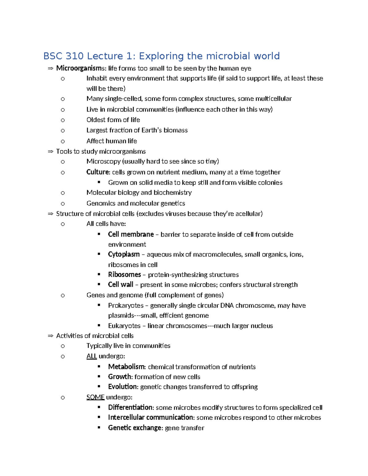 BSC 310 Lecture 1 Notes - BSC 310 Lecture 1: Exploring the microbial ...