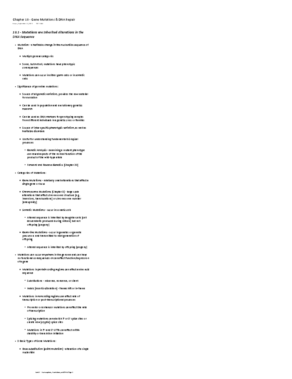 Chapter 18 - Gene Mutations & DNA Repair - 18 - Mutations are Inherited ...