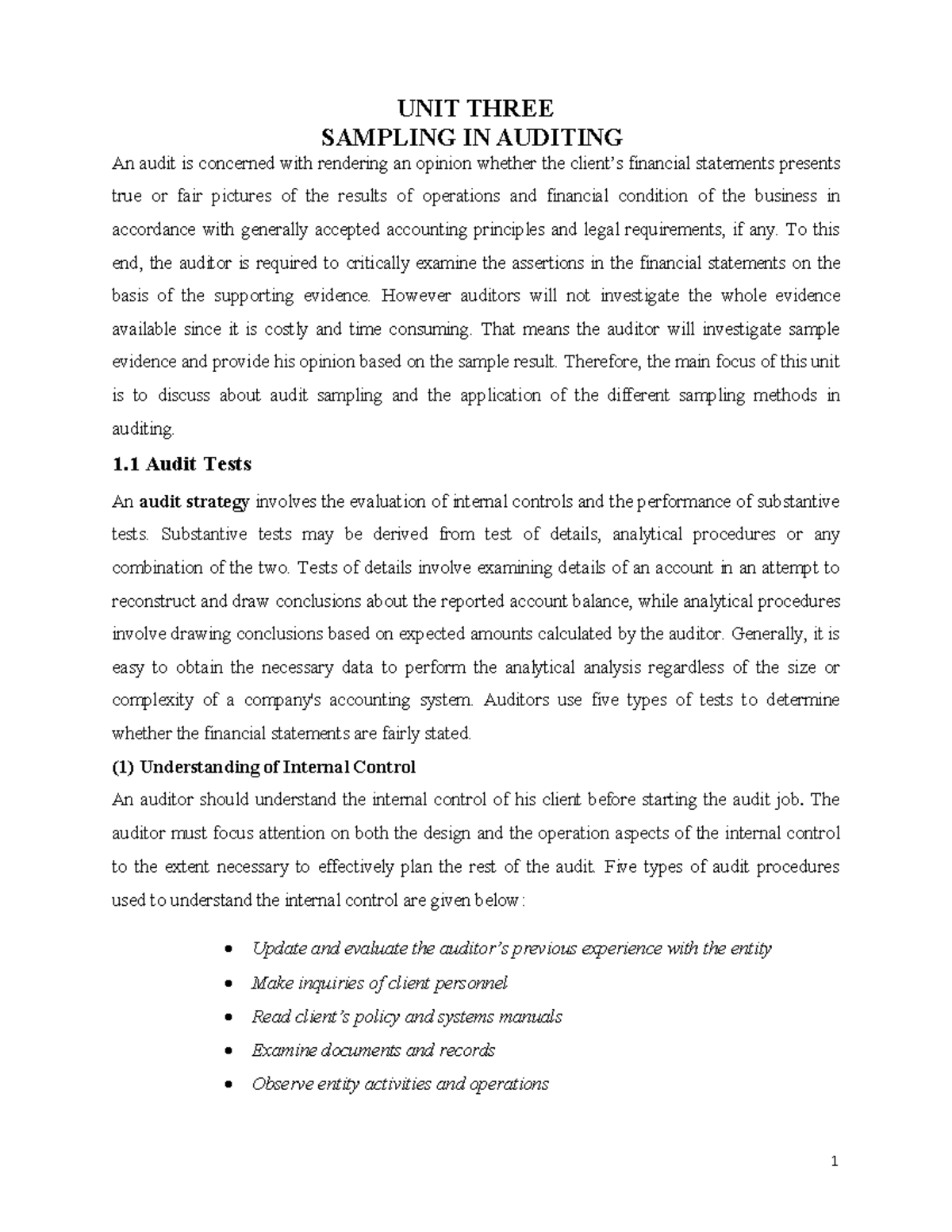 Audit II CH 01 Sampling in Auditing (1) - UNIT THREE SAMPLING IN ...