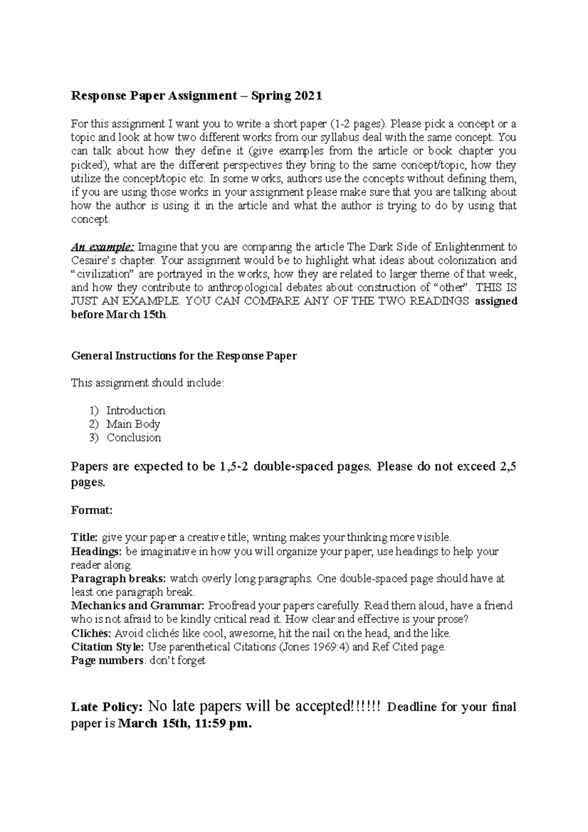 Response Paper Assignment - Please pick a concept or a topic and look ...