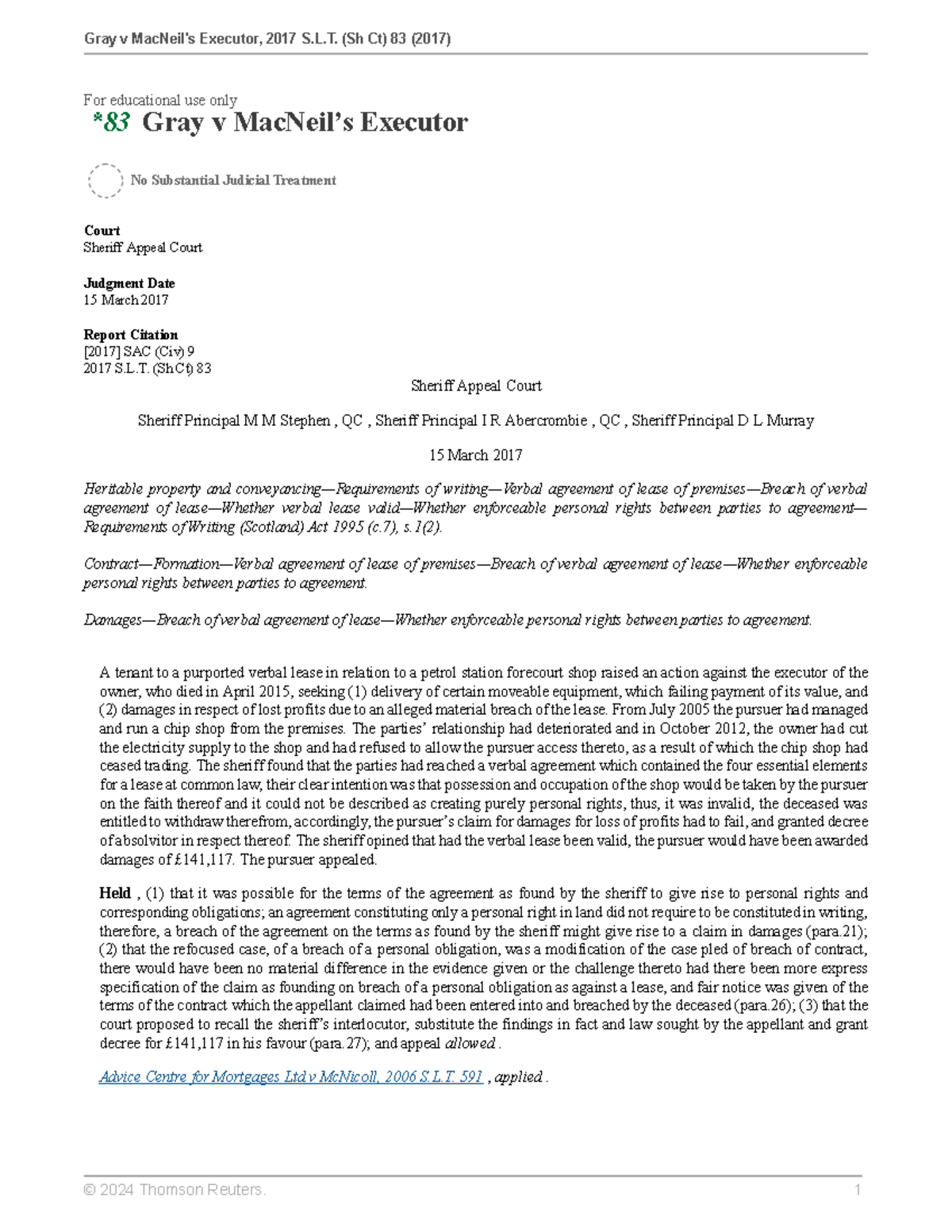 Case turotial 1 legal system - For educational use only *83 Gray v ...