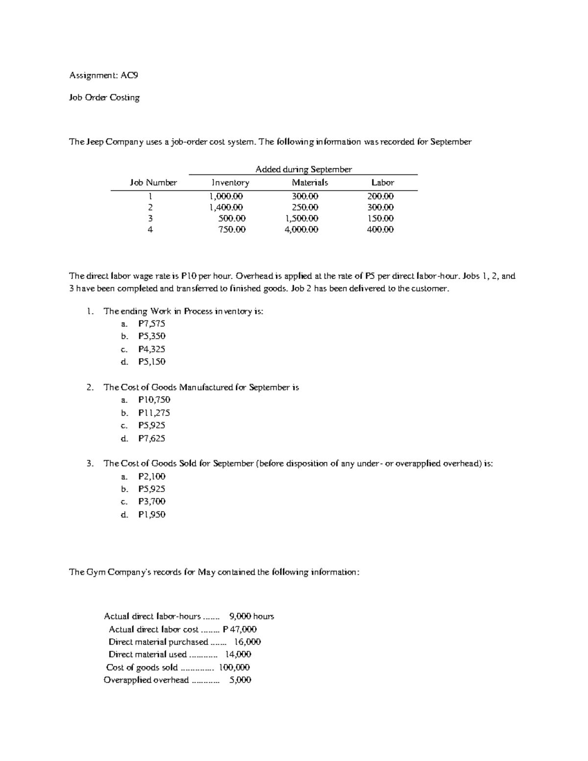 Job Order Assignment - Assignment: AC Job Order Costing The Jeep ...