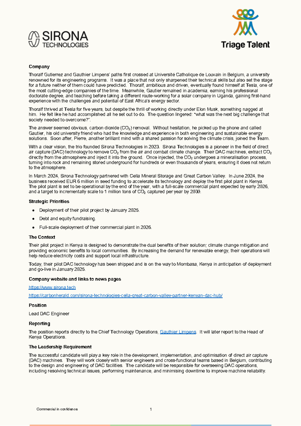 Lead DAC Engineer, Sirona Technologies (Role and Person Specification) - Commercial in ...