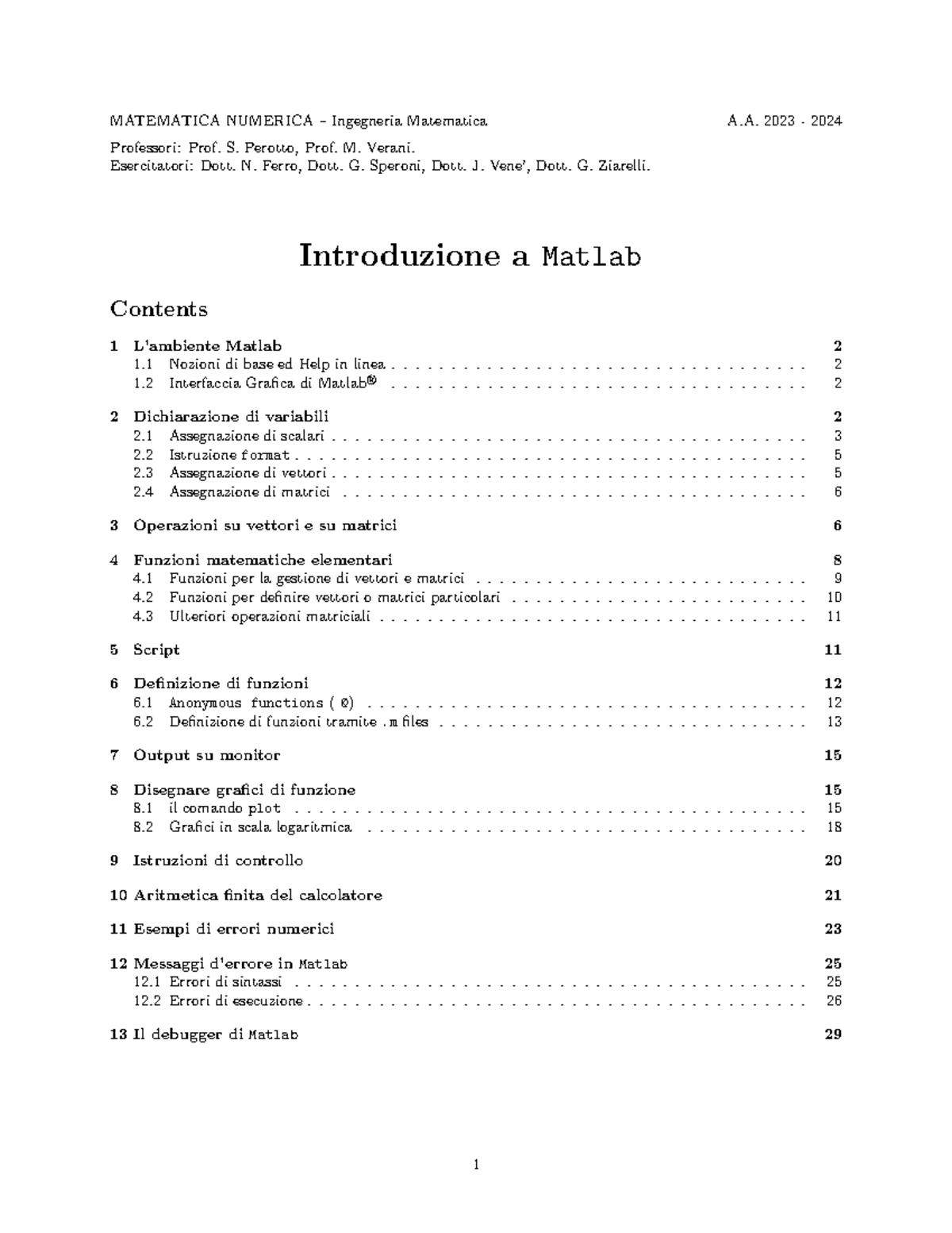 Introduzione matlab - Riassunto Matematica numerica - Professori: Prof ...