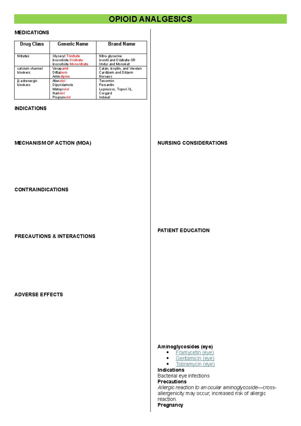 Aminoglycosides (eye) - OPIOID ANALGESICS MEDICATIONS Drug Class ...