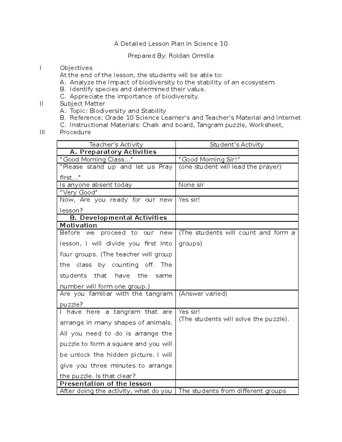 Ilide - A Detailed Lesson Plan in Science 10 Prepared By: Roldan ...