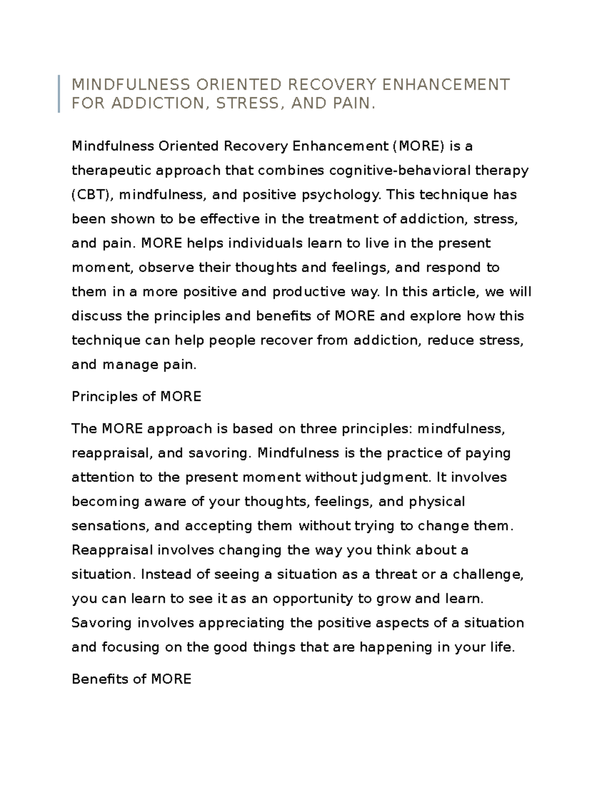 Mindfulness Oriented Recovery Enhancement FOR Addiction, Stress, AND ...