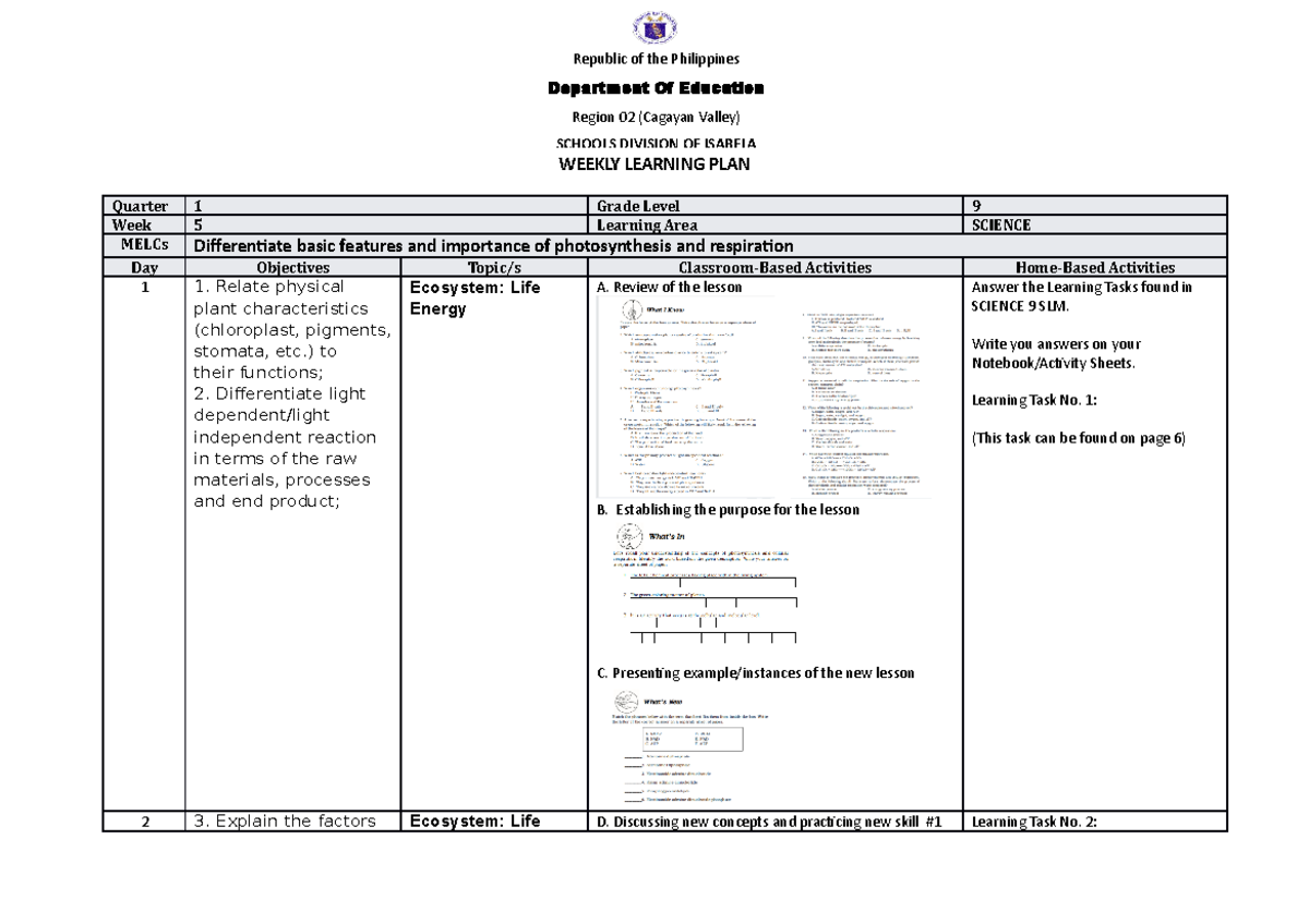 WLP Q1 W6 G9- Science - math - WEEKLY LEARNING PLAN Quarter 1 Grade ...
