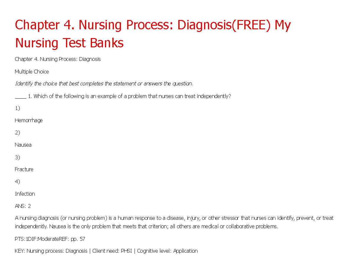 Treas. CH.4 - NP Diagnosis - Chapter 4. Nursing Pro cess: Diagnosis ...