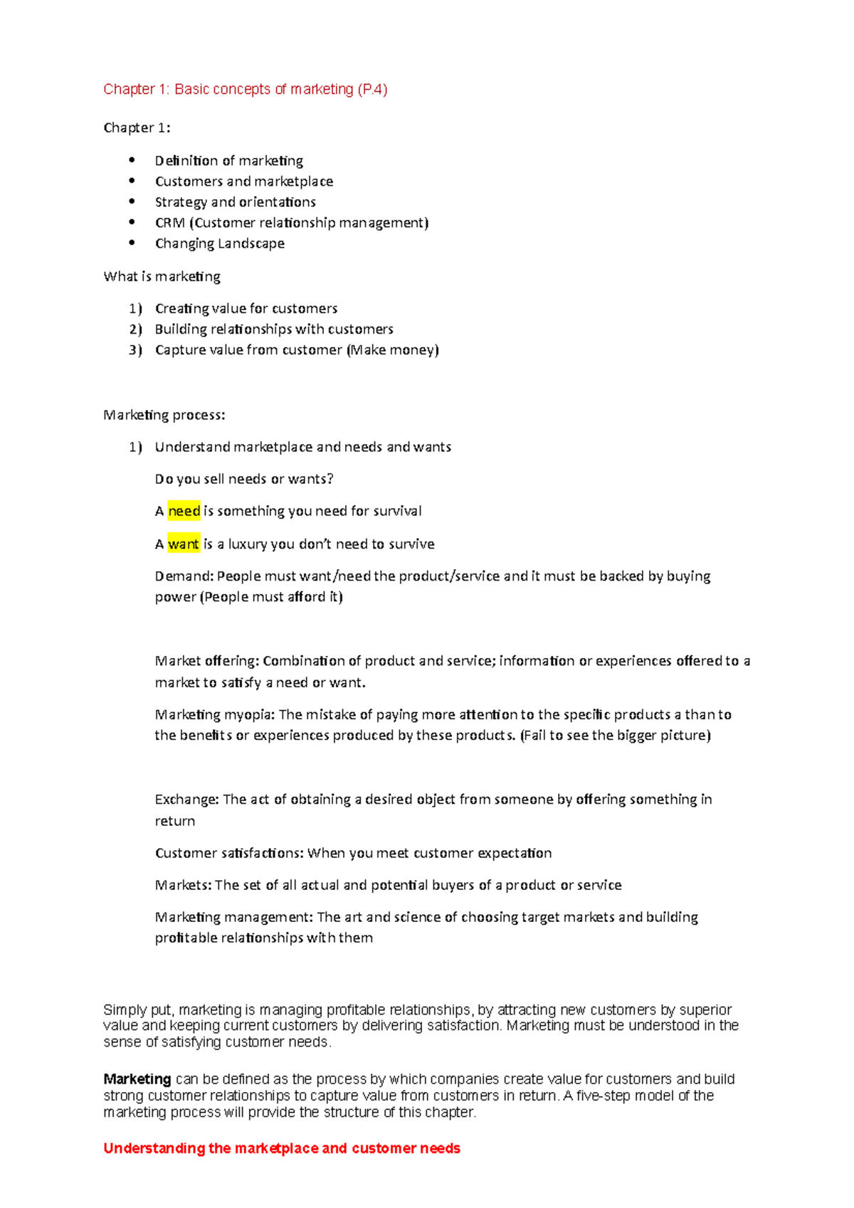 Marketing notes main - Chapter 1: Basic concepts of marketing (P ...