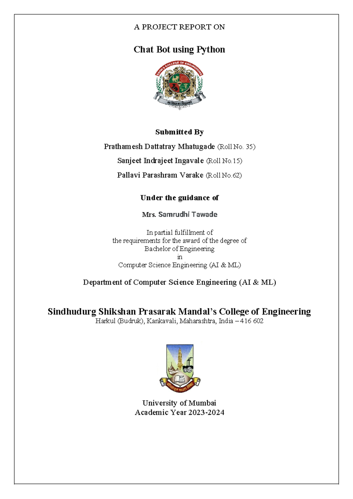 Python report - materials - A PROJECT REPORT ON Chat Bot using Python Submitted By Prathamesh ...