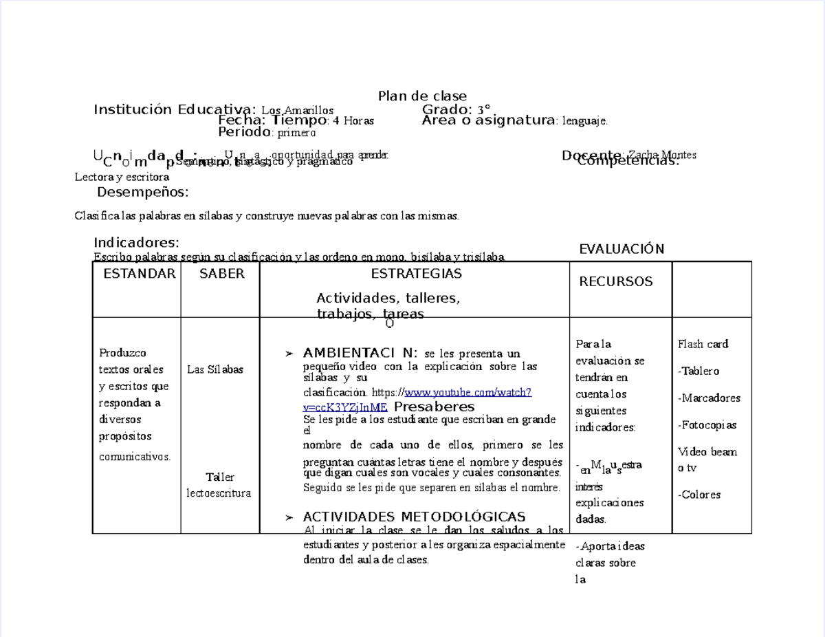 Pdf plan de clase castellano la silaba 3 - Plan de clase Institución ...