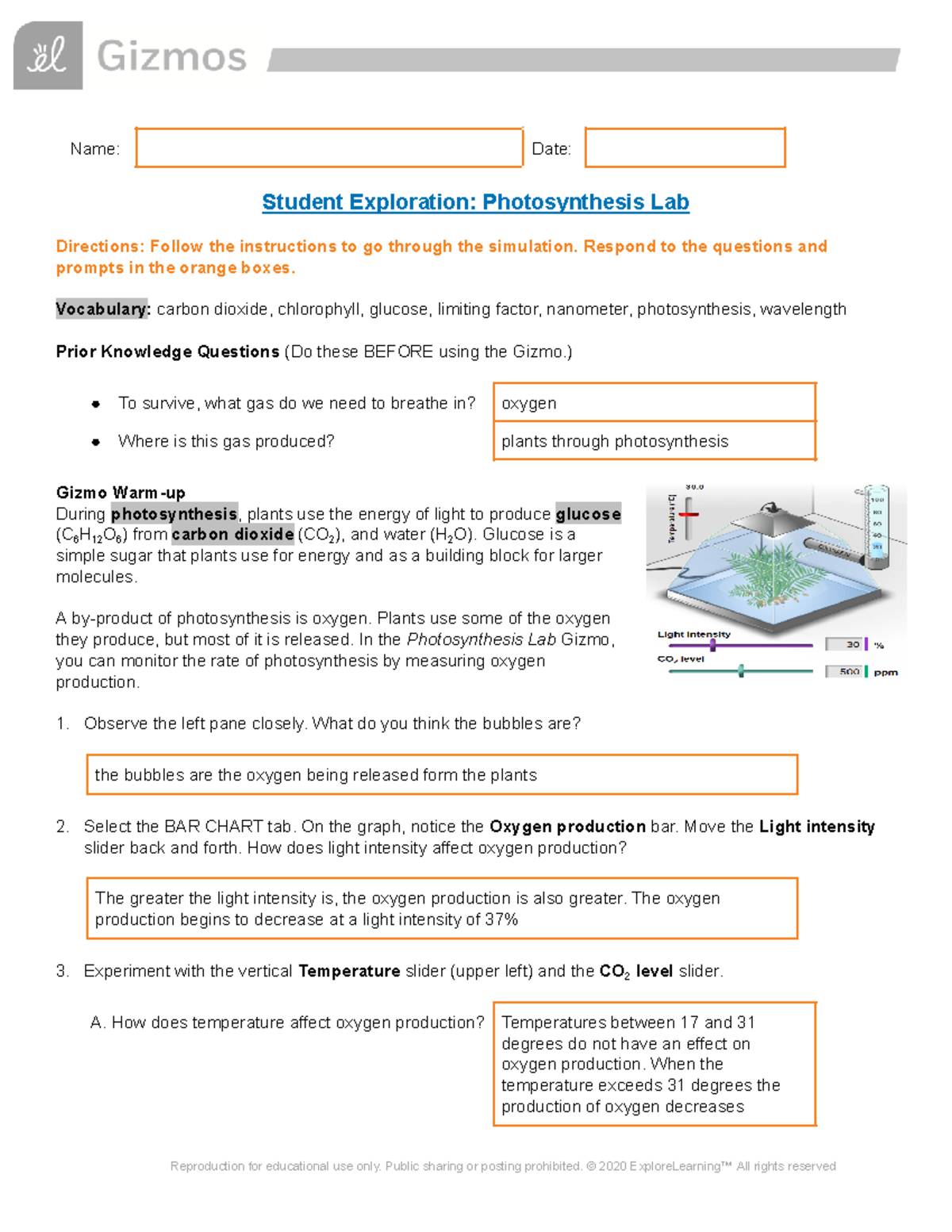 Photosynthesis Lab Gizmo - Name: Date: Student Exploration ...