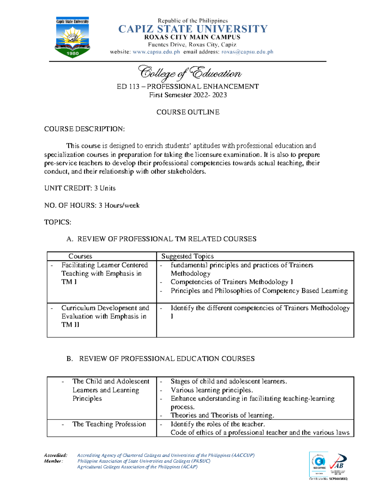 Ed 113 Course Syllabus Outline - Accredited: Accrediting Agency of ...