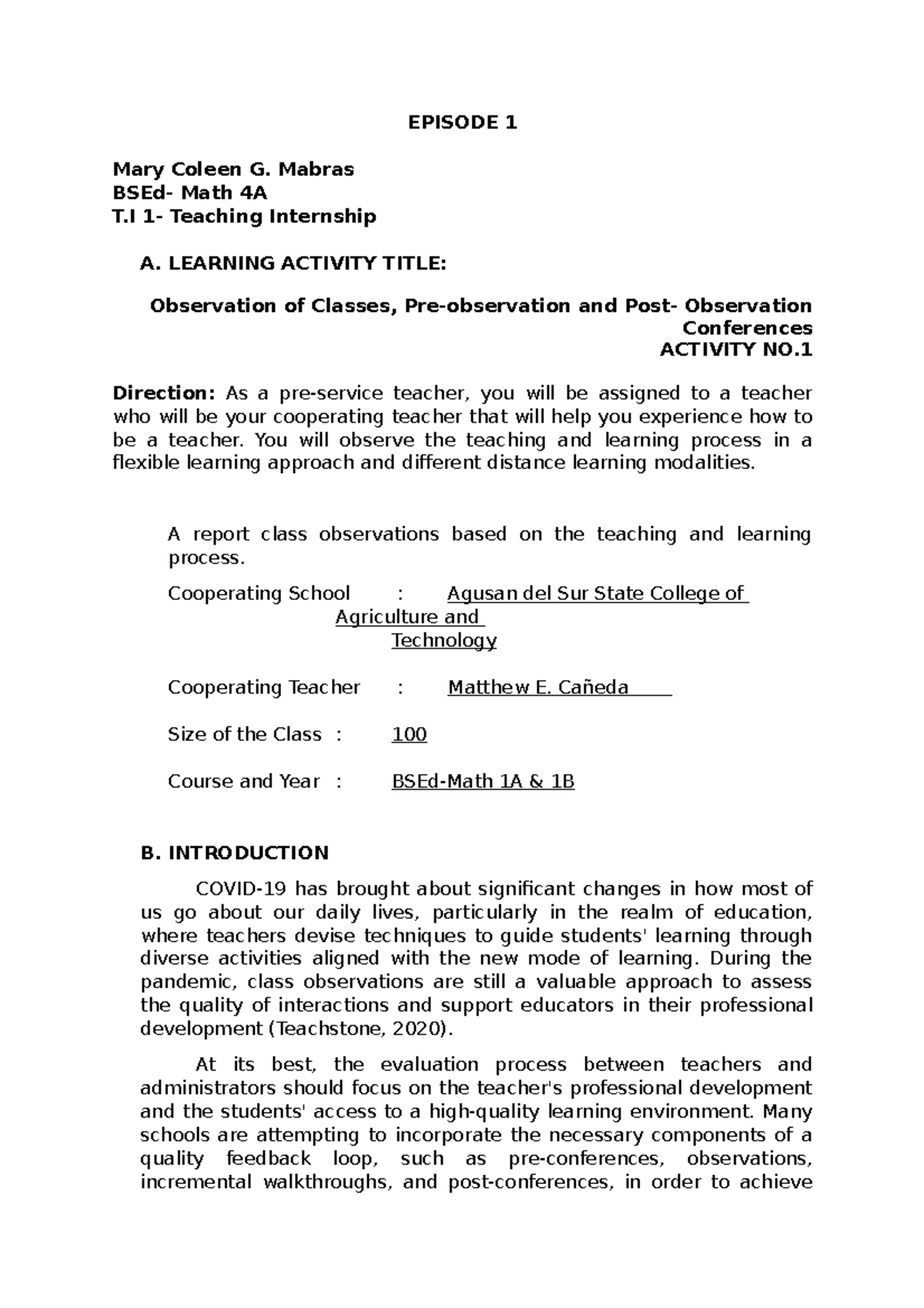 Module Episode 1 - Teaching Internship - EPISODE 1 Mary Coleen G. Mabras BSEd- Math 4A T 1 ...