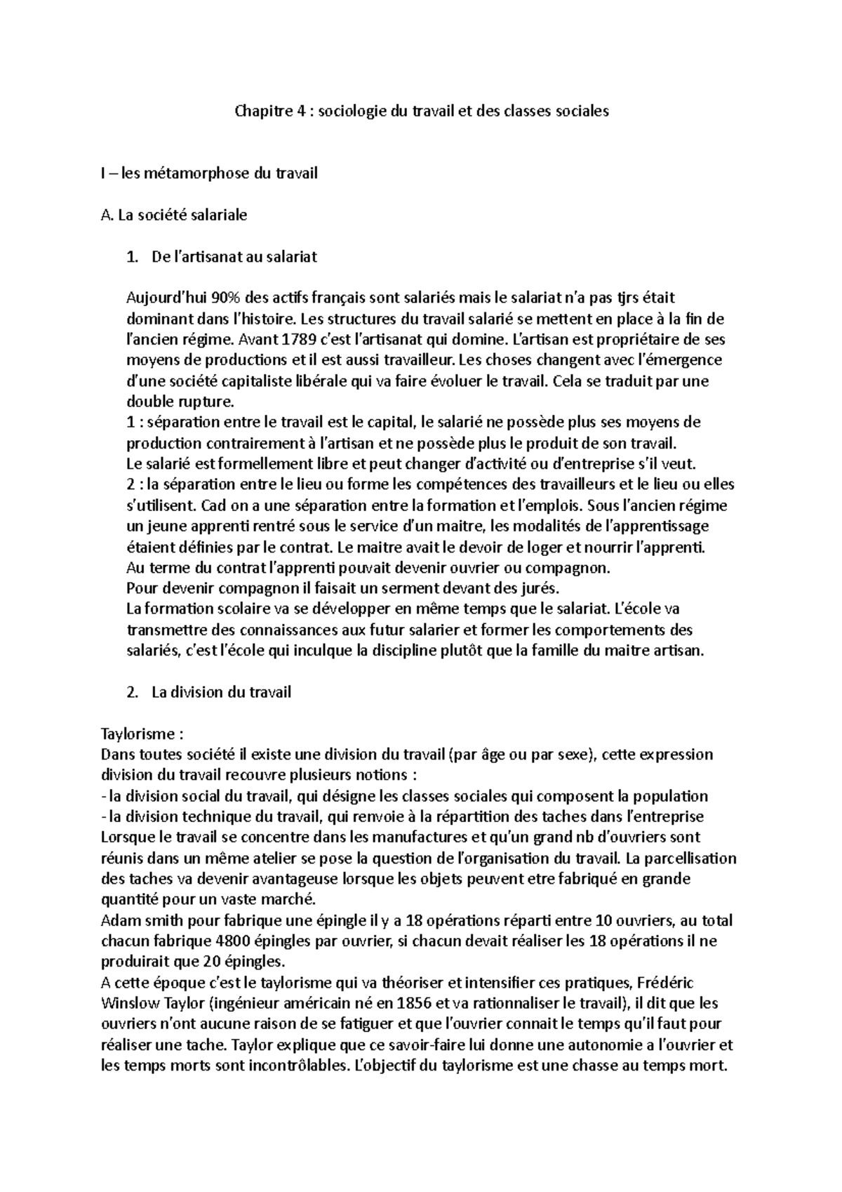 Chapitre 4 - notes de cours - Chapitre 4 : sociologie du travail et des ...