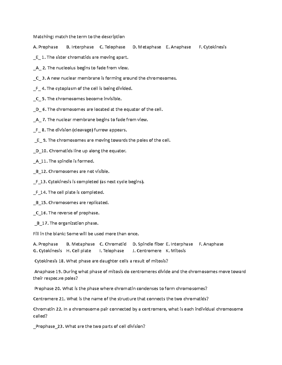 Cell cycle review worksheet-1 - Matching: match the term to the ...
