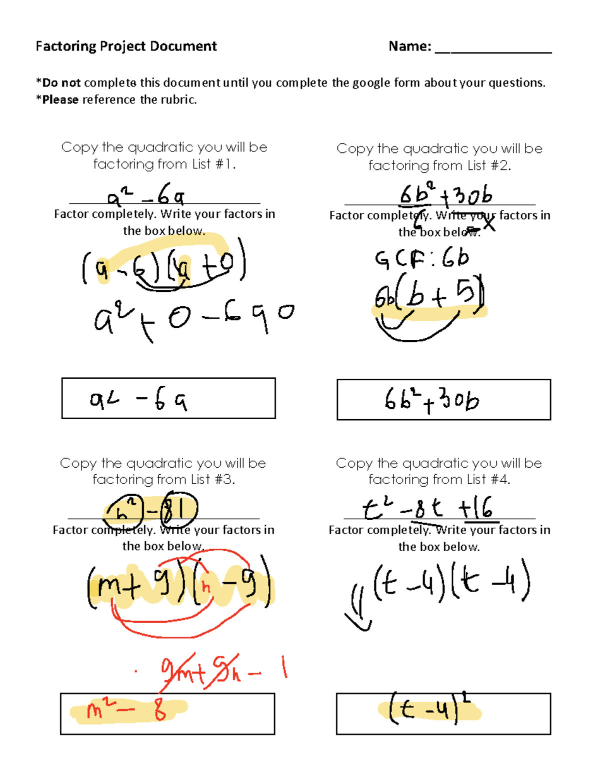 Factoring+Project+Document+ - *Please reference the rubric. Copy the ...