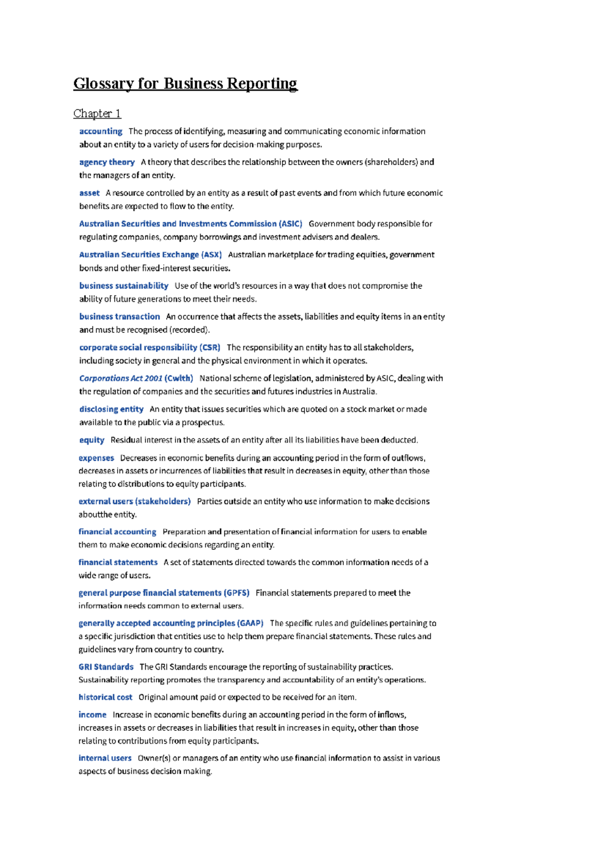Glossary for Business Reporting - ECON1101 - Glossary for Business ...