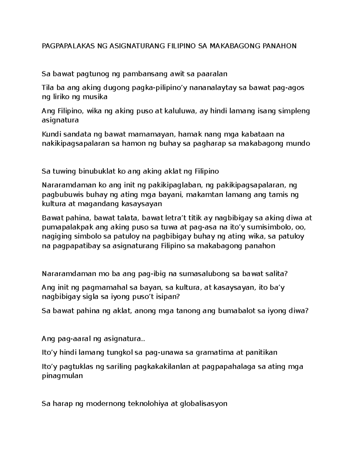 Spoken poetry (piyesa de peligro) - PAGPAPALAKAS NG ASIGNATURANG ...