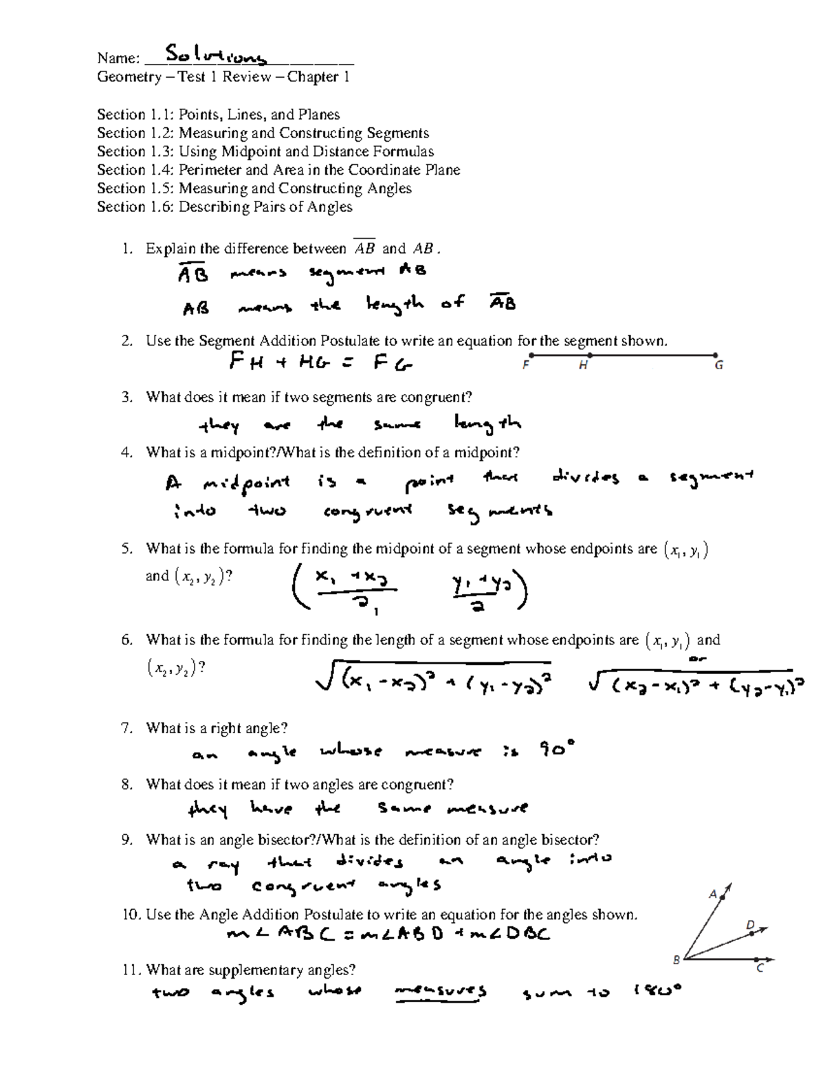 Test 1 review - solutions - Name: __________________________ Geometry ...