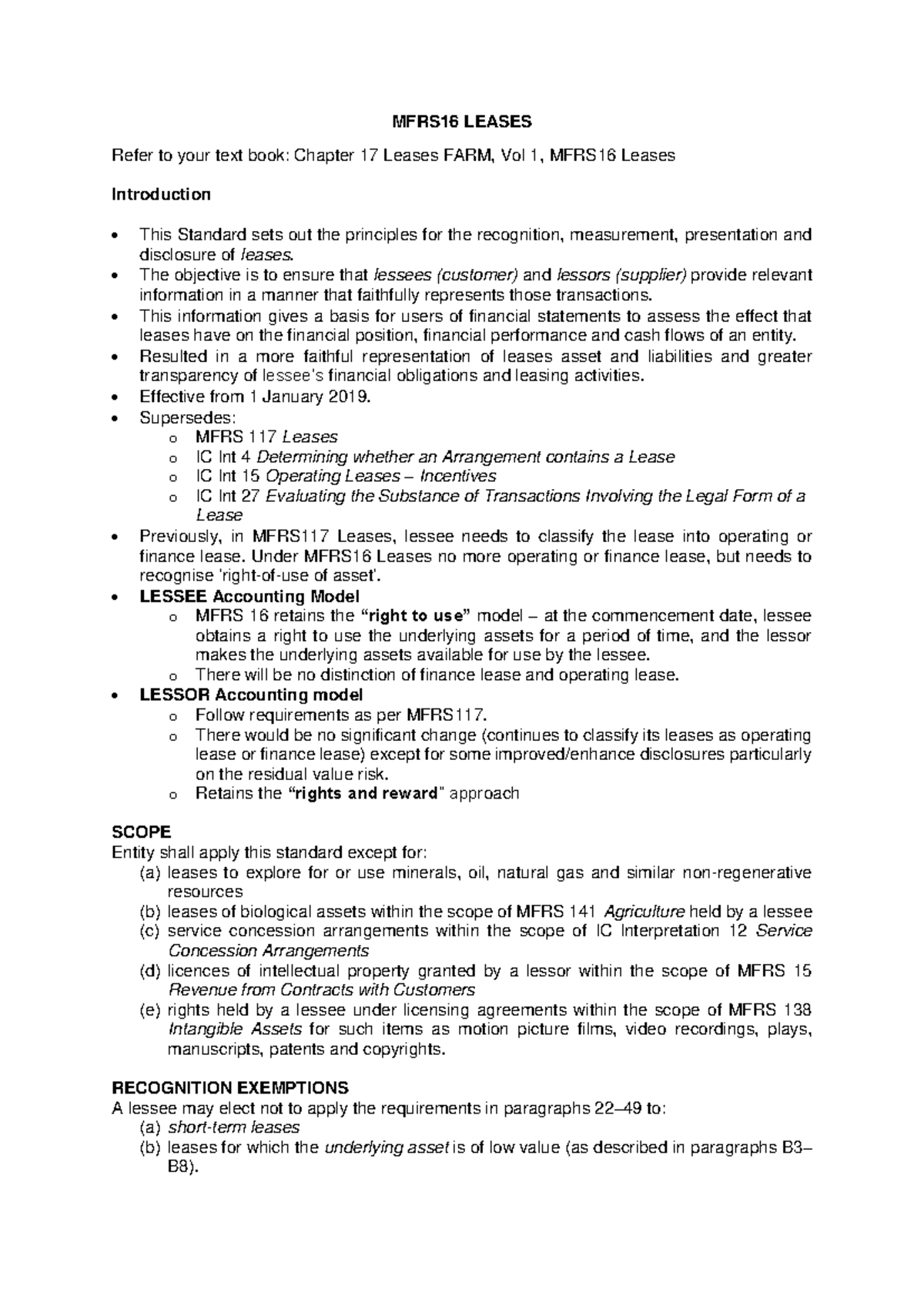 Notes for MFRS16 - Mfrs - MFRS16 LEASES Refer to your text book ...
