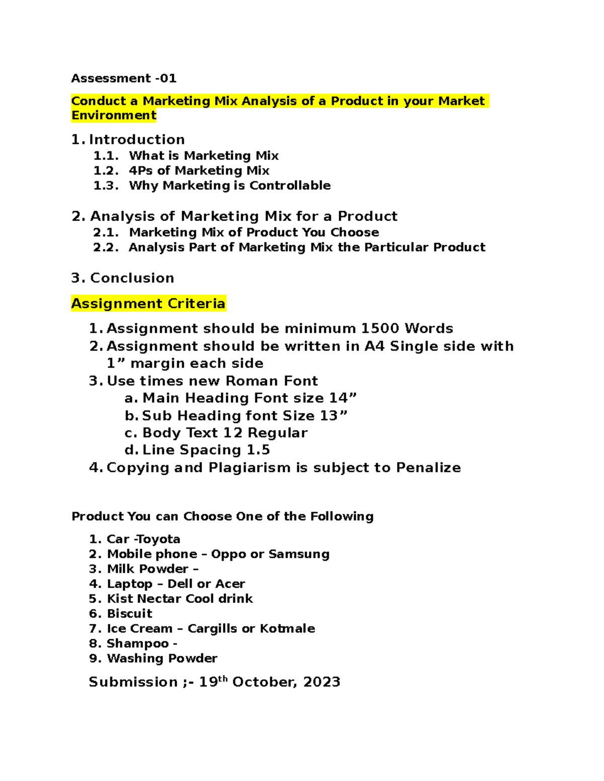 Assesment -01 - Assessment - Conduct a Marketing Mix Analysis of a ...