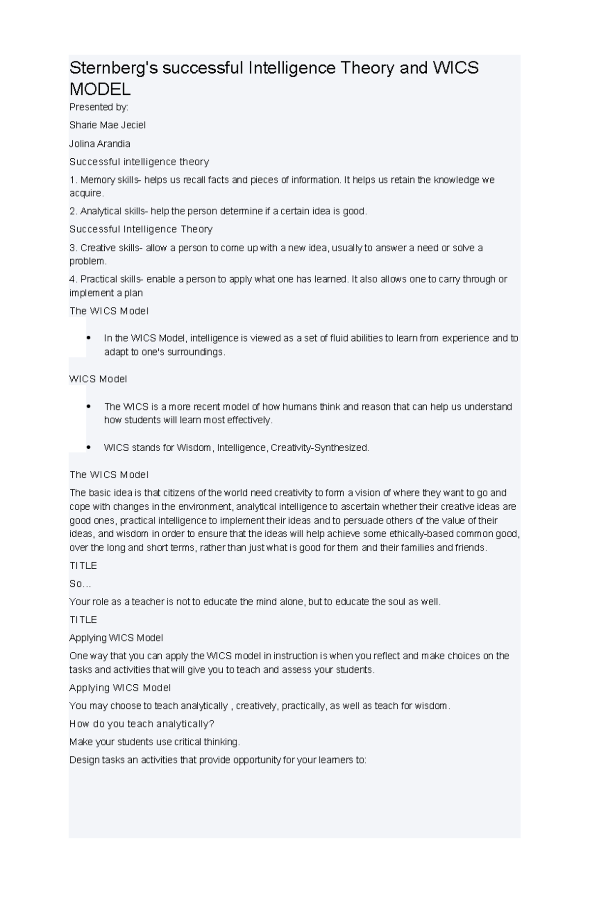Sternberg-M18 - Sternberg's successful Intelligence Theory and WICS ...