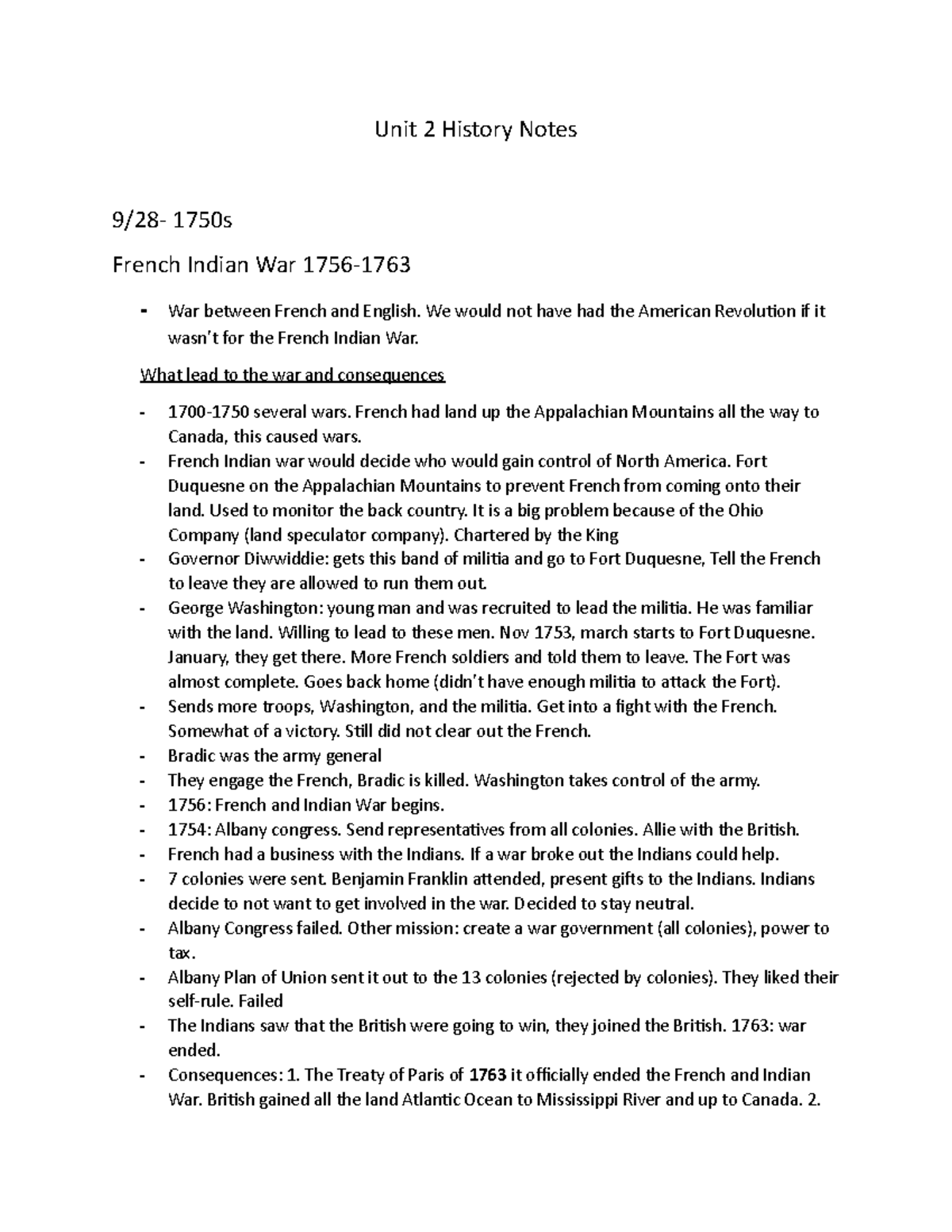 History Notes 2 - Unit 2 History Notes 9/28- 1750s French Indian War ...