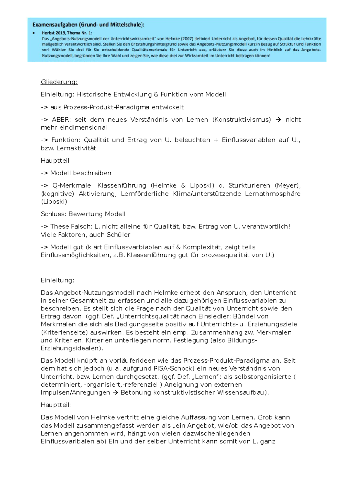 Examensaufgabe - Angebot-Nutzung nach Helmke - Gliederung: Einleitung: Historische Entwicklung ...