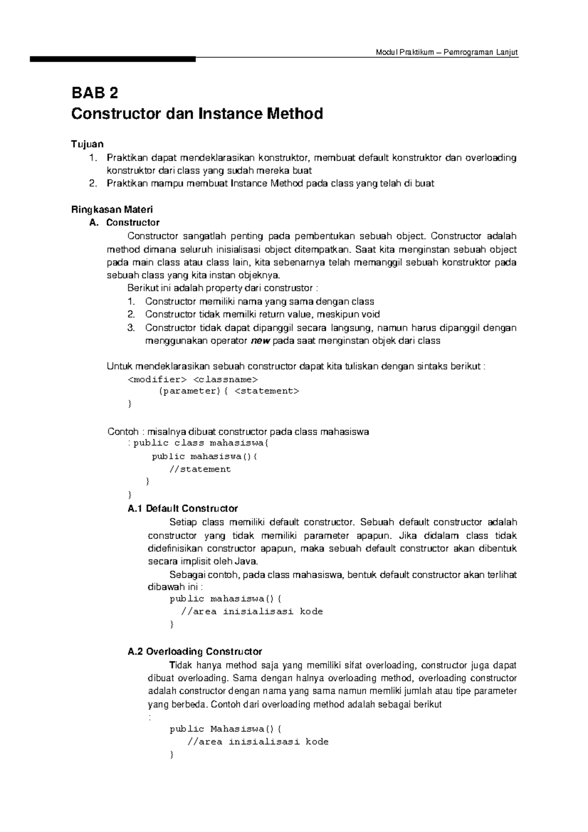 Modul 1 Bab 2 Constructor dan Instance Method - BAB 2 Constructor dan Instance Method Tujuan 1 ...