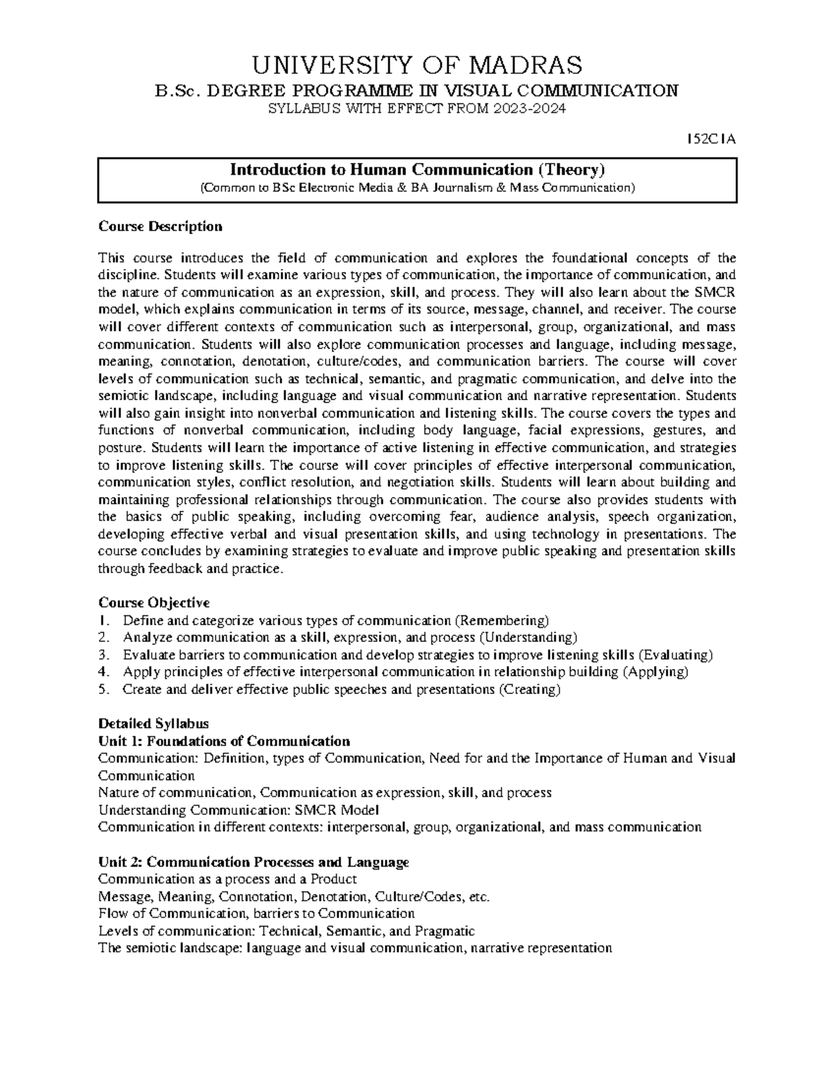 152C1A Human communication - UNIVERSITY OF MADRAS B. DEGREE PROGRAMME ...