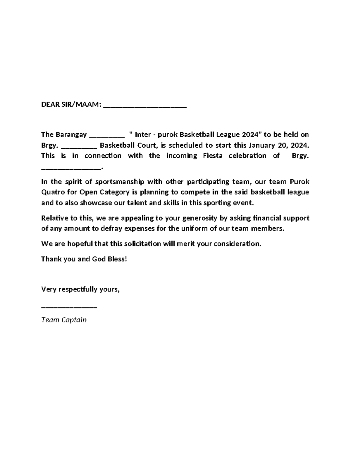 Solicitation Paper Basketball League - DEAR SIR/MAAM ...