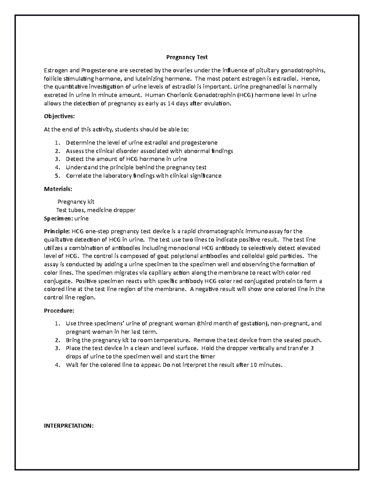 Pregnancy Test Kit - Principle and Interpretation of Result - Pregnancy ...