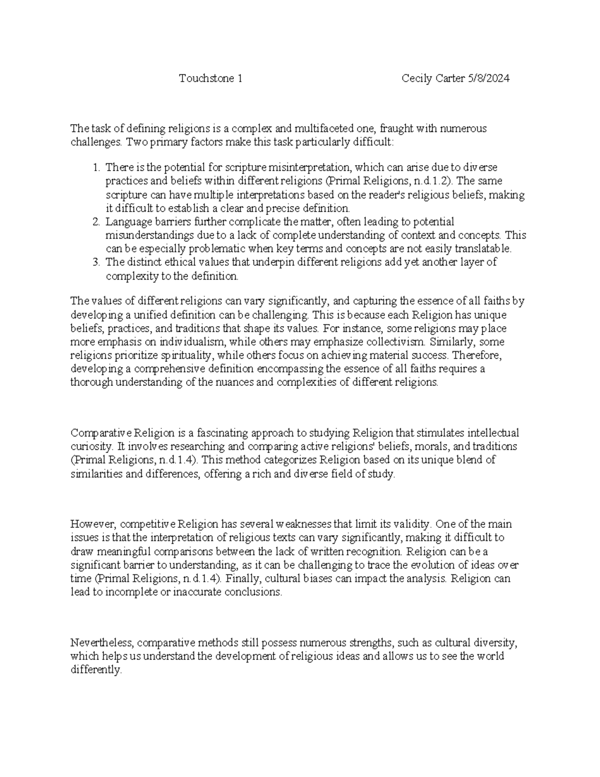 Touch Stone 1 - RELIGIOUS COURSE - Touchstone 1 Cecily Carter 5/8/ The task of defining ...