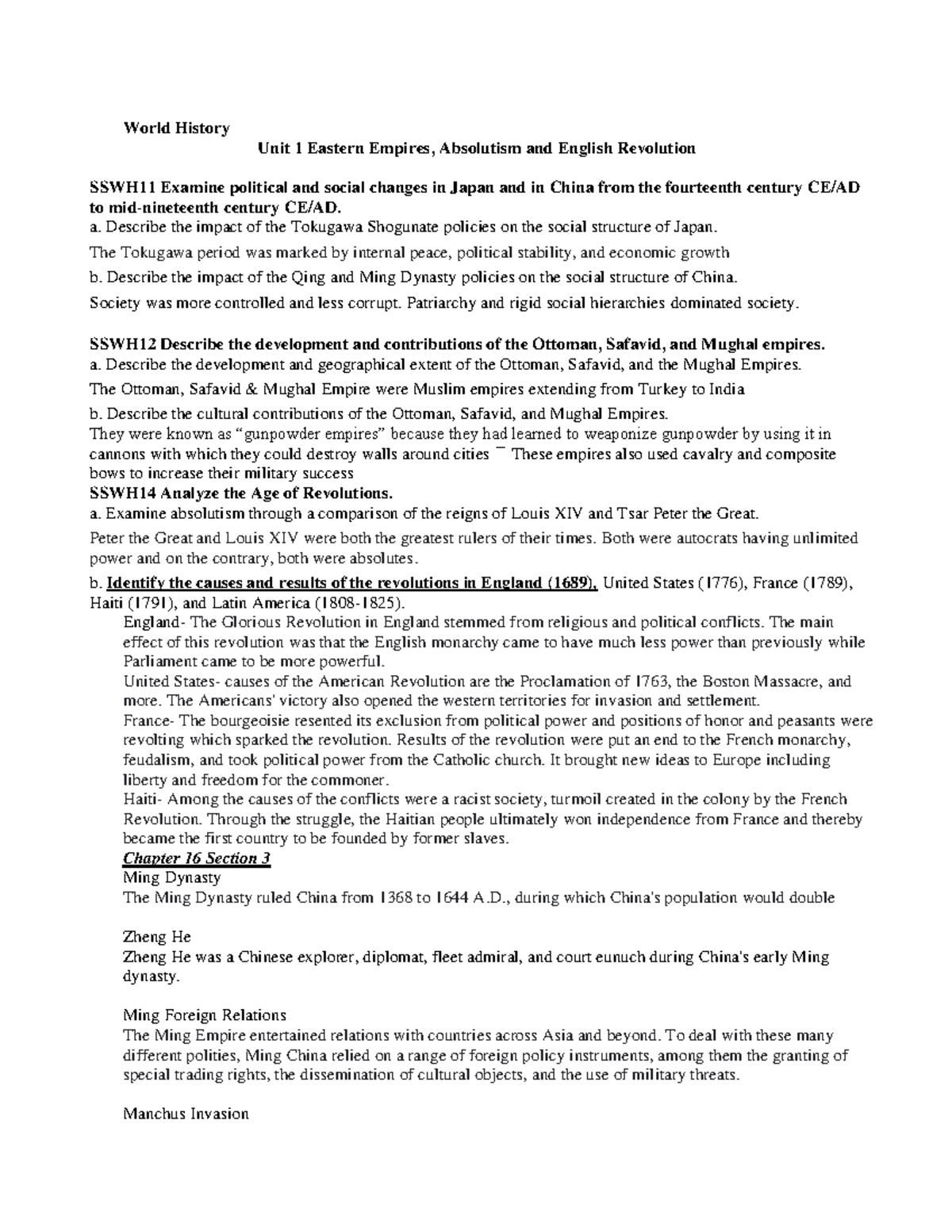 Review Sheet World History Unit 1 - World History Unit 1 Eastern ...